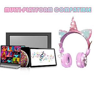 Unicorn Wireless Headphones for Kids,Cat Ear Bluetooth 5.0 Over Ear headphones with Microphone for Cellphone/iPad/Laptop/PC/TV/PS4/Xbox One, Foldable Stereo Gaming Headset for Girls Teens Gift