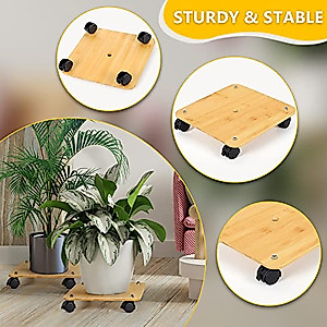 2 Pack Plant Caddy Rolling Plant Stand with Wheels Bamboo Plant Roller Base with Lockable Casters for Indoor Outdoor Large Plant Pot Flower Pot