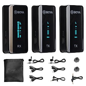 BOYA BY-XM6-S2 Wireless Lavalier Microphone, with OLED, 328ft Range, 2.4GHz Dual Lapel Wireless Microphone for Phone Camera PC Video Recording Interview Vlog Live Stream (2 TX+1 RX)