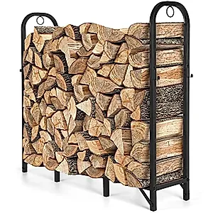 Simniam 4ft Firewood Rack Outdoor, Indoor-Outdoor Universal Wood Rack for Firewood, Includes 2 Sets of Hooks for Hanging Items, for Patio Firewood Storage, Steel Pipe Wood Rack Tool Accessories（Black