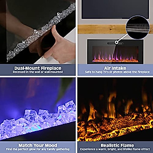 Prominence Home LED Slim Design Electric Fireplace Insert and Wall Mounted Fireplace with 1500 Watt Heater, Log & Crystal Ember Options, Adjustable Realistic Flame and Remote Control, (36 Inch)