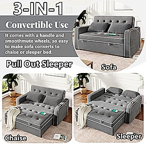 Gynsseh Pull Out Sofa Sleeper, 3 in 1 Convertible Sleeper Sofa Bed with Dual USB Ports and 2 Pillows, Linen Upholstered Adjustable Loveseat Couch with Pull Out Bed for Living Room (Blue Gray)