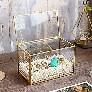Utopz Decorative Clear Glass Box with Golden Geometric Line & Brass Shadow Box, Jewelry Display Treasure Case, 8 × 4.5 x 5 inch