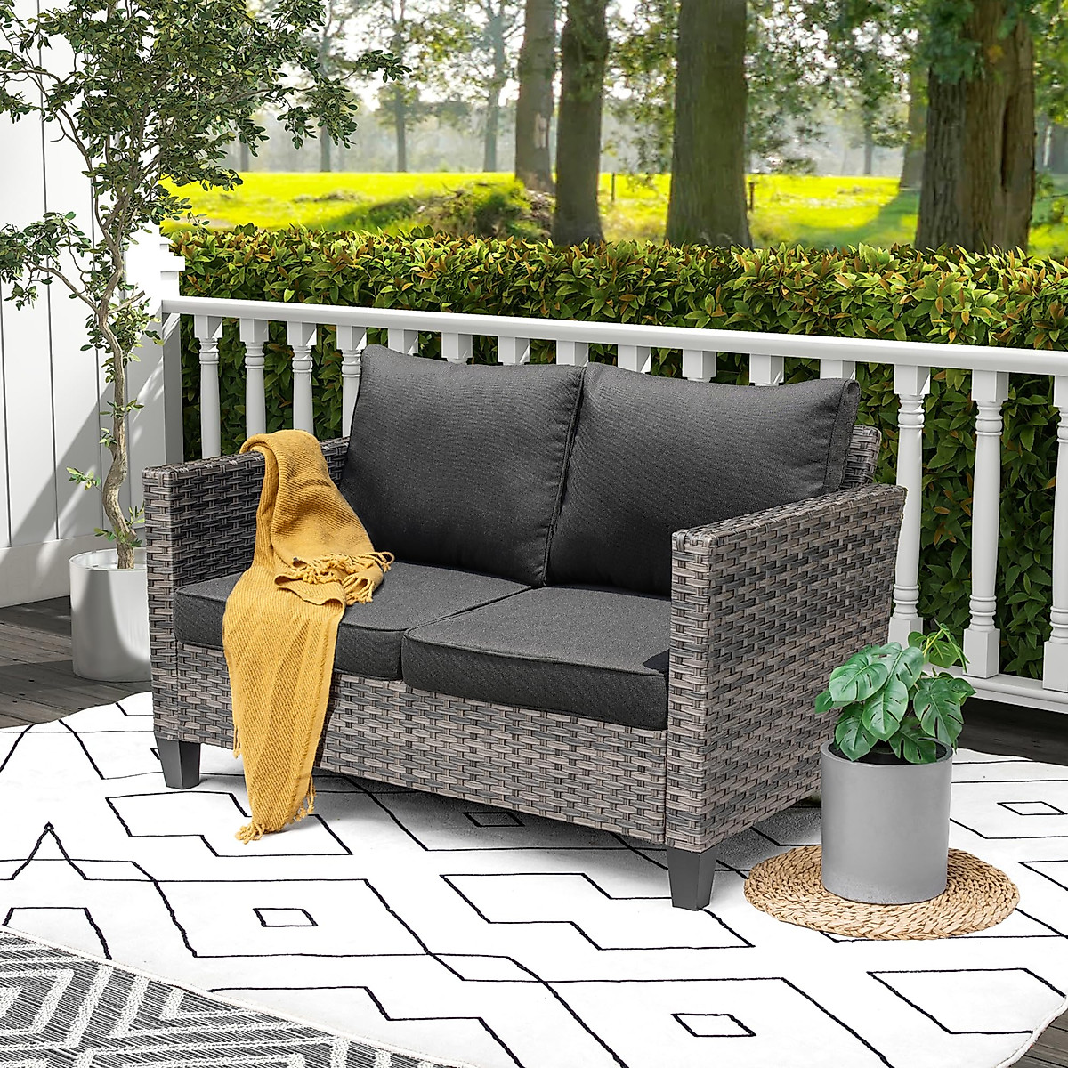 ovios Patio Loveseat, 2-Seater Outdoor Wicker Sofa Couch with Comfy Cushions, All Weather High Back Deep Patio Seating Rattan Love Seat for Porch Deck Balcony, Black