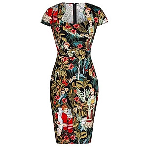 Womens Dress Retro 50s 60s Printed Leaves Pencil Dress Cap Sleeve Bodycon Dress