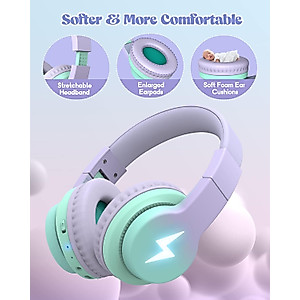 Kids Bluetooth Headphones, Colorful Wireless Over Ear Headset with LED Lights, Built-in Mic, 45H Playtime, 85dB/94dB Volume Limited Headphones for Boys Girls iPad Tablet School Airplane Green Purple