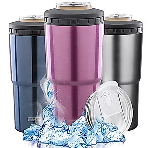 5 In 1 Freezable Can Cooler, Insulated Stainless Steel 24 oz Tumbler with Freezable Drink Can Cooler for all 12 oz Slim Can,Regular Can,Beer Bottle & All Drinks（Pink）