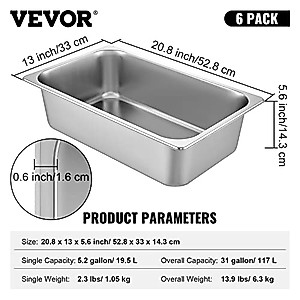 WWDOLL Hotel Pan 6“ Deep Steam Table Pan Full Size 21 Quart Pack of 6 Stainless Steel Steam Table Pan