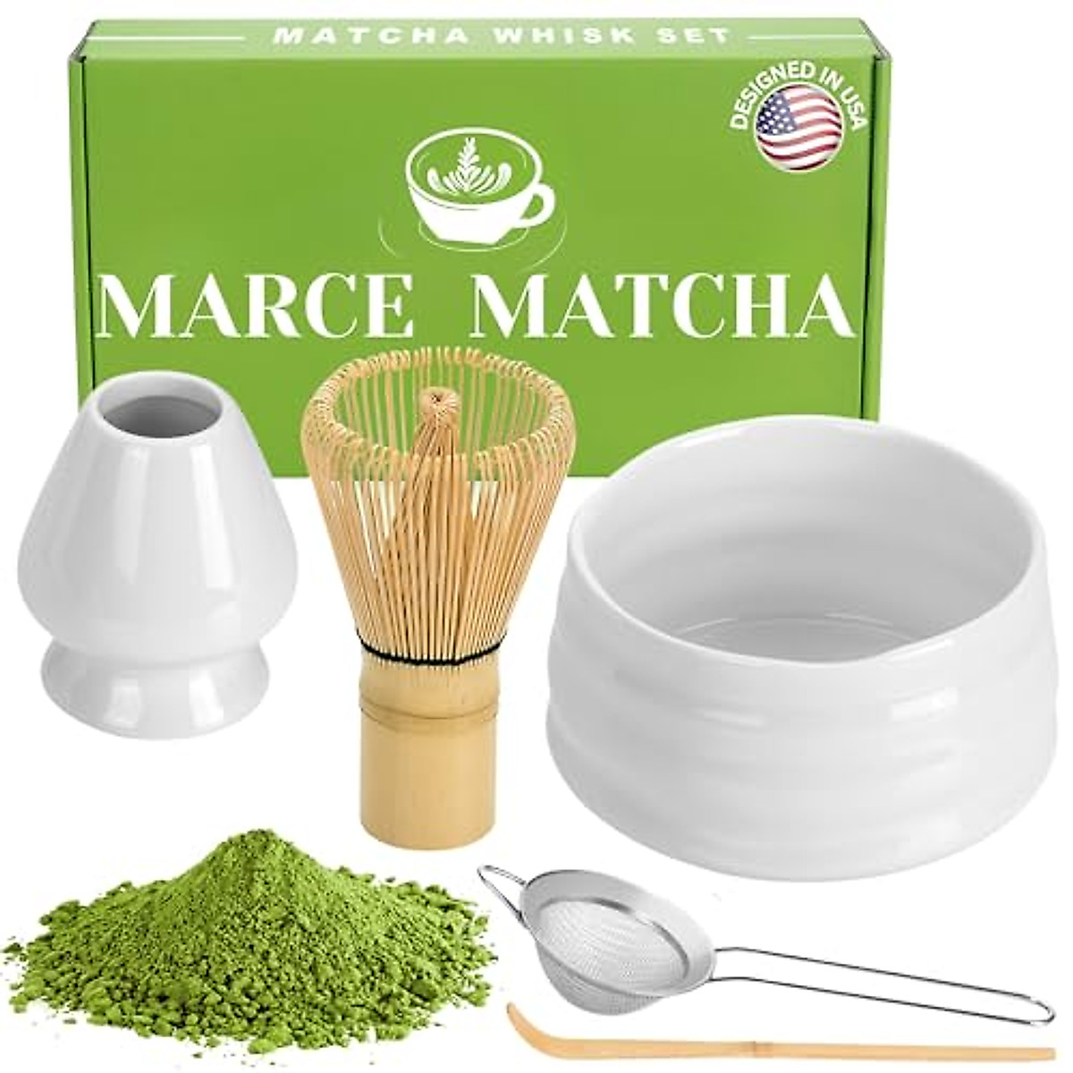 Marce Matcha Whisk Set- Matcha Whisk and Bowl, Matcha Sifter, Matcha Whisk Holder and Matcha Spoon- The Perfect Matcha Kit for Matcha Tea (White)
