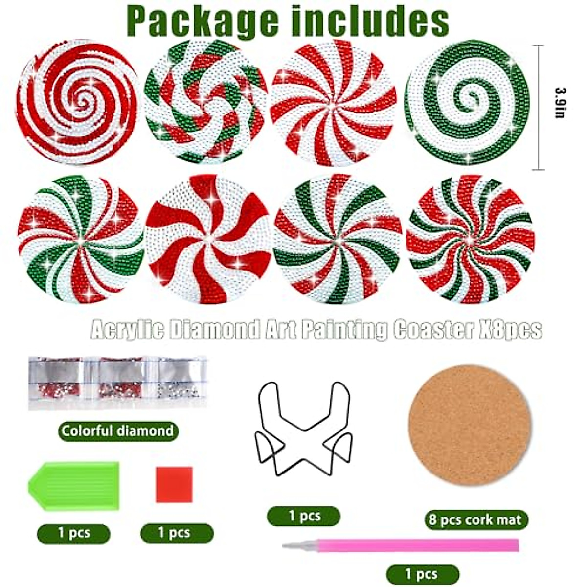 DIYDEC 8pcs Christmas Diamond Candy Paintings Coasters Kits with Holder Diamond Art Coasters Acrylic Diamond Art Paintings Ornament for Adults Kids Xmas Decor DIY Crafts (Red Green White)