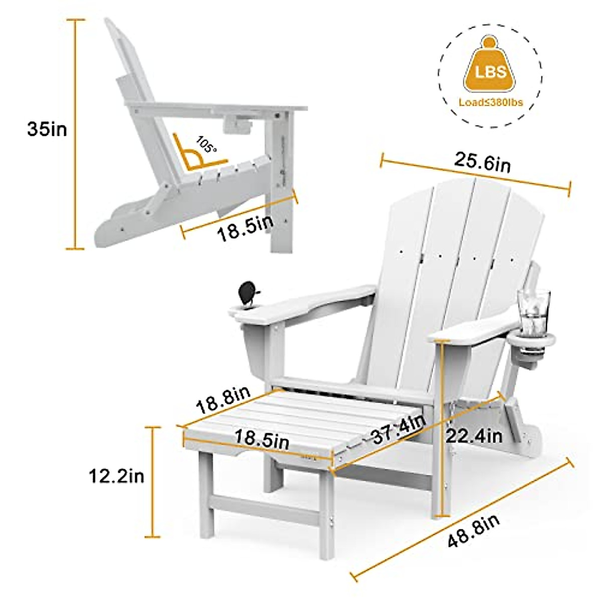 Mdeam Folding Adirondack Chair - Weather Resistant Fire Pit Chair with 2 Cup Holders and Retractable Ottoman for Patio, Garden, Backyard, Lawn, Outdoor (White)