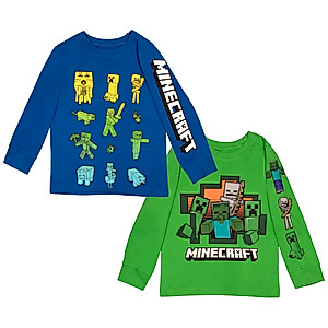 Minecraft Characters Boys Long Sleeve T-Shirt, 2-Pack Bundle Set for Kids and Toddlers (Size 10/12, Green/Royal)