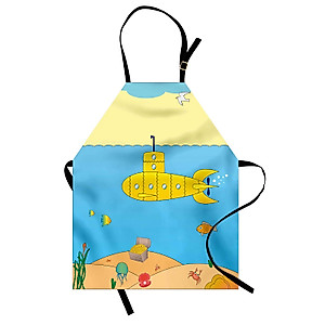 Ambesonne Yellow Submarine Apron, Cartoon Under Sea Adventure Jellyfish Treasure Chest Seagull Fish, Unisex Kitchen Bib with Adjustable Neck for Cooking Gardening, Adult Size, Yellow and Blue