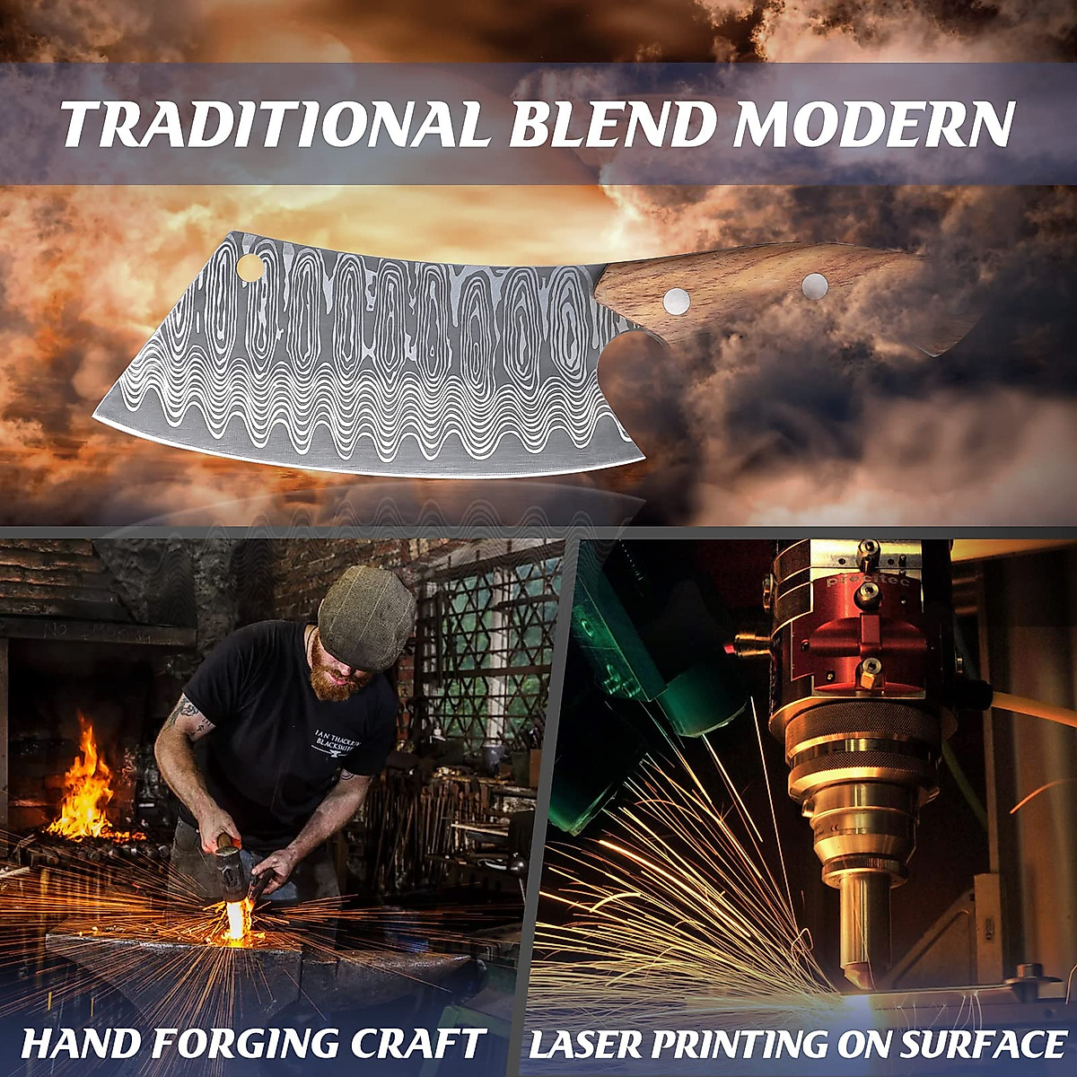 Huusk Hand Forged Meat Cleaver Knife Bundle with Boning Knife for Meat Cutting