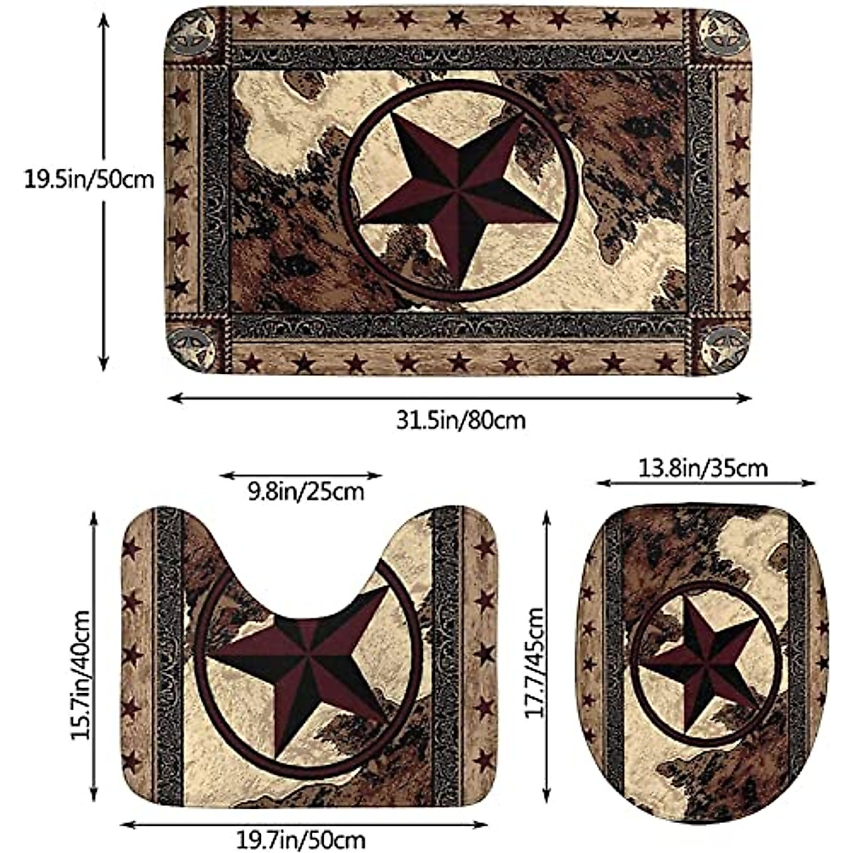 Giwawa Western Texas Star Bathroom Rugs Set 3 Piece with Non-Slip Bath Rugs Toilet Lid Cover U-Shaped Contour Toilet Mat Rustic Farmhouse Bath Mats for Bathroom