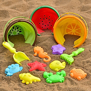 FUN LITTLE TOYS Sand Toys with Silicone Foldable Beach Bucket, Animal Sand Molds, Beach Shovel, Carrying Net, Bithday Gifts for Boys Girls