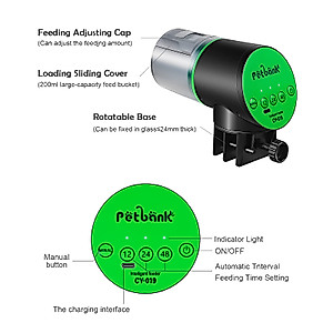Petbank Automatic Fish Feeder for Aquarium - Auto Fish Food Dispenser Rechargeable for Small Large Tank with USB Charger Cable，12/24/48H Interval Esay Set Up (Green, CY-019)