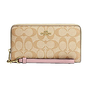 COACH Women's Long Zip Around Wallet (Signature Canvas, Light Khaki - Powder Pink)