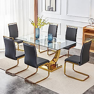 Wlvos 62.8" Rectangular Glass Dining Table for 4-6 with 0.39" Tempered Glass and Golden Chrome Metal Special-Shaped Bracket, for Kitchen Dining Living Meeting Room Banquet Hall (Golden)