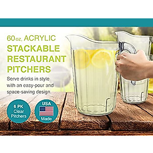 Arrow Home Products Clear Plastic Pitcher, 60 Ounce - 6 Pack Bulk Set for Bars and Restaurants - Space-Saving Stackable Design - Fill with Ice Water, Beer - Made in the USA, BPA Free, Dishwasher Safe