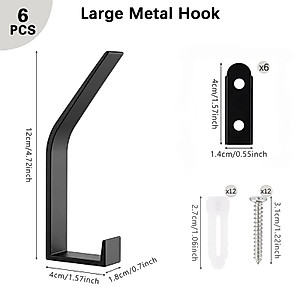 6 Pack Coat Hooks Wall Mount - Heavy Duty Hat Hangers, Large Wall Hooks for Mudroom Entryway Bathroom, Decorative Metal Hook Rack for Hanging Purse, Baseball Cap, Key, Backpack, Towel, Robe (Black)