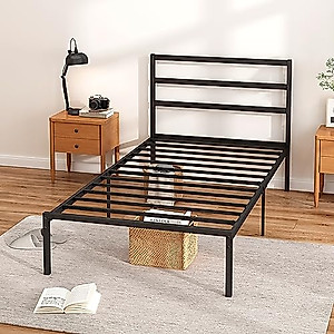 Closadin Twin Size Platform Bed Frame with Headboard,Sturdy Heavy Duty Metal Slats Support for Mattress,No Box Spring Needed,Easy to Assemble,Black