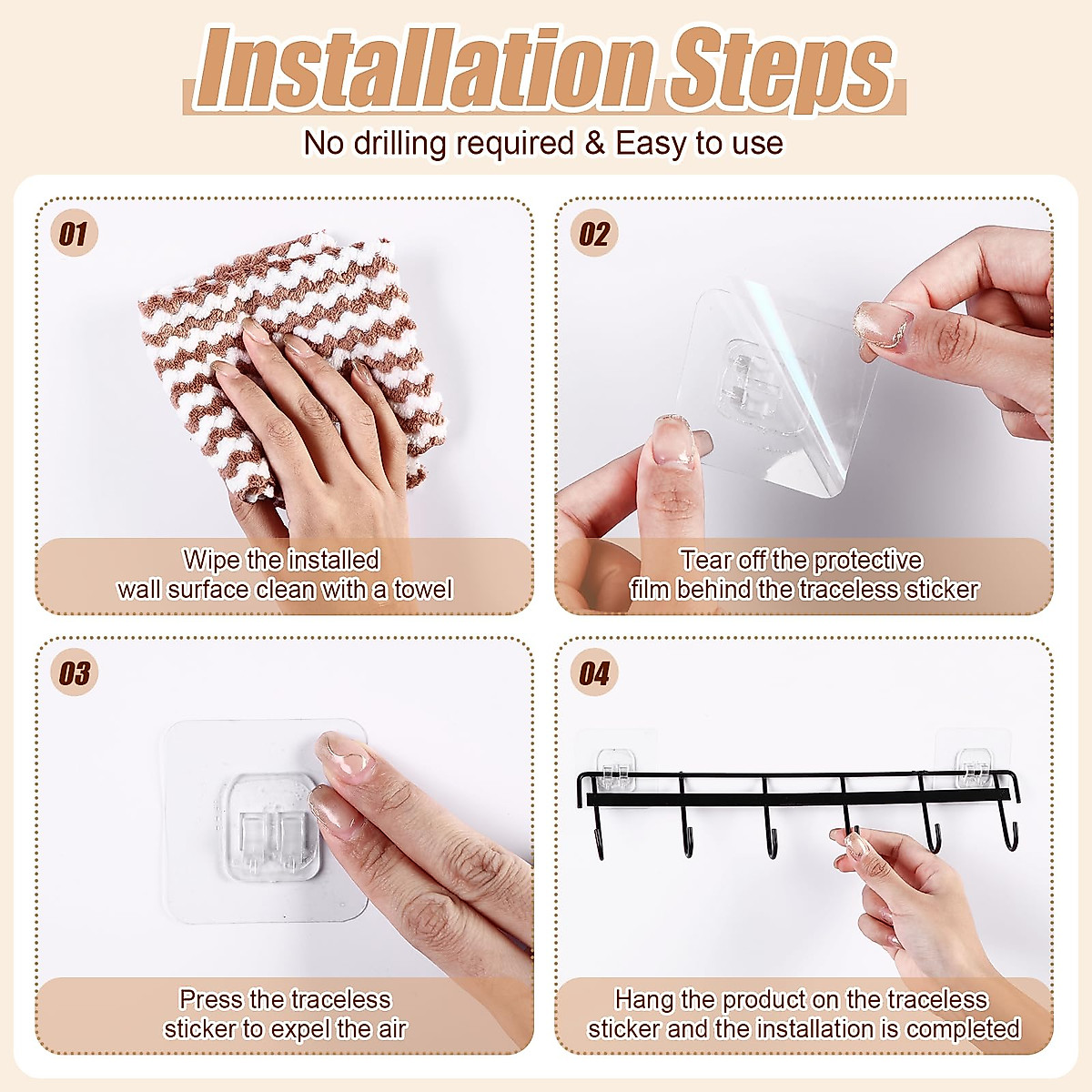 JaGely 8 Pcs Kitchen Utensil Hanger Rack Adhesive Wall Hooks Rack with 6 Hooks Space Saving Wall Mounted Without Drilling Hanger for Kitchen Bathroom Bedroom(Black)