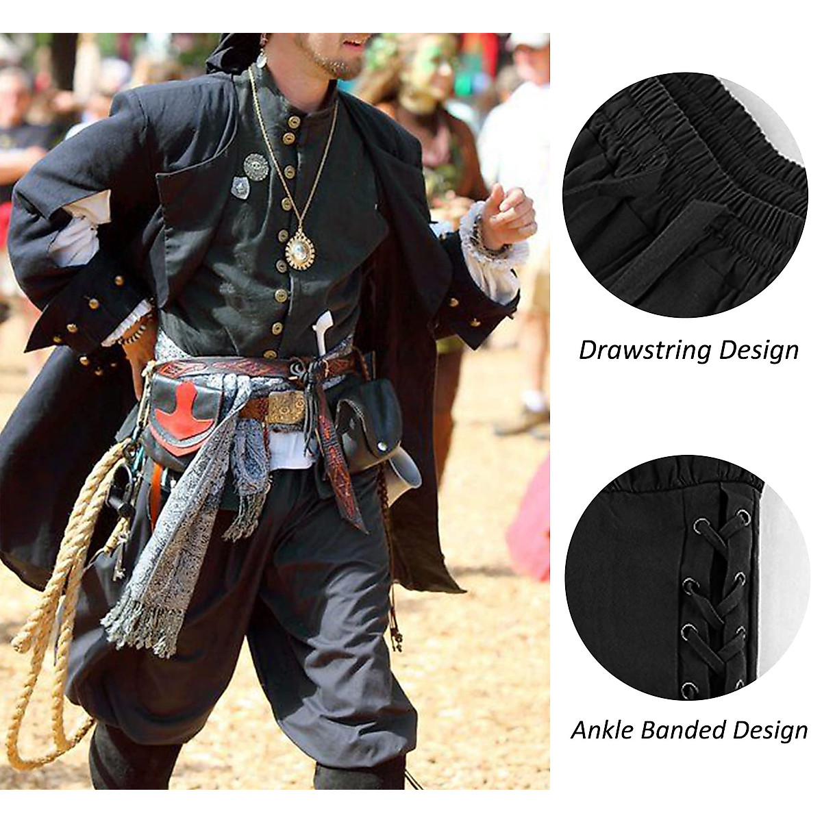 Men's Ankle Banded Pants Medieval Viking Navigator Pirate Costume Trousers Renaissance Gothic Pants, Black, Medium