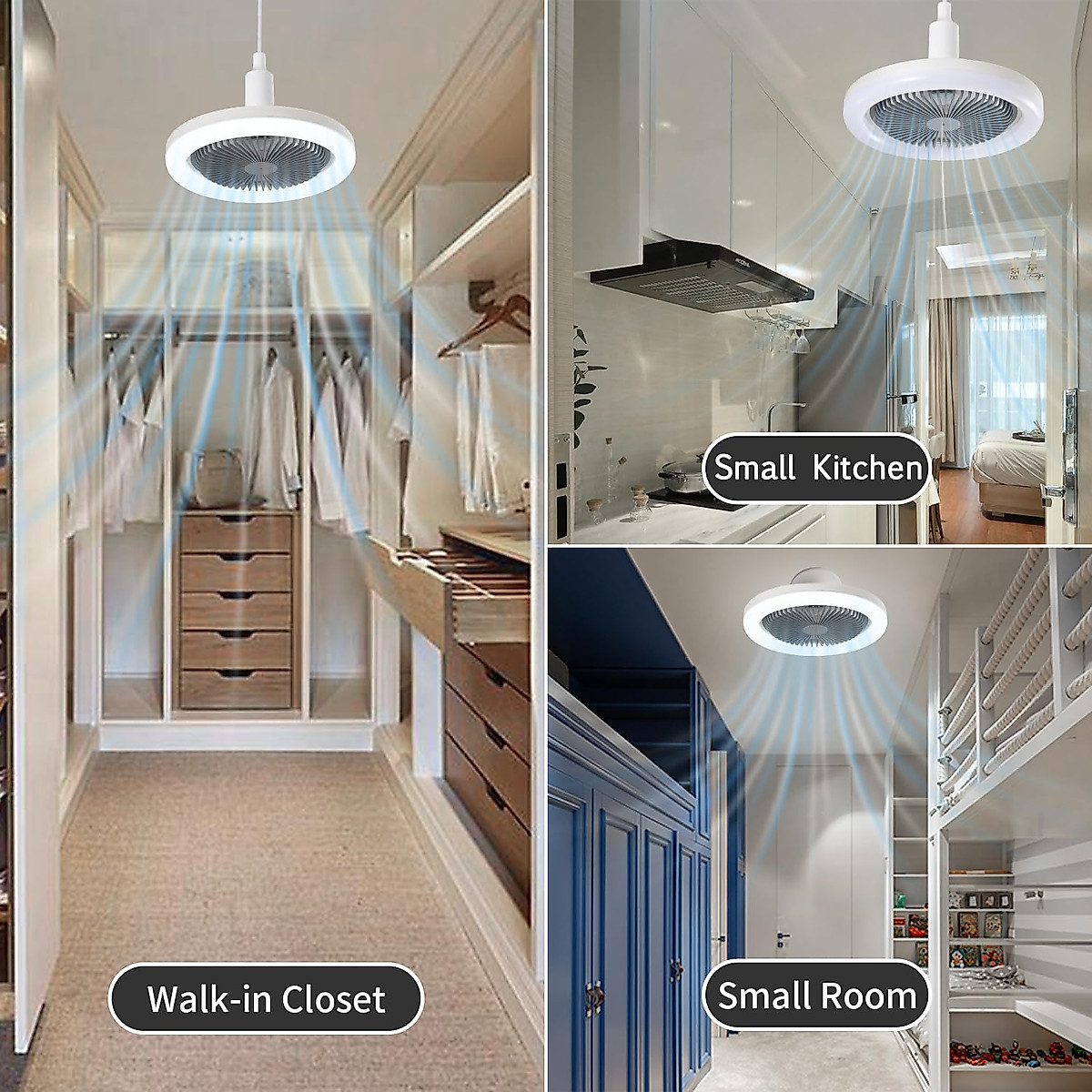 MS4U Socket Fan Light with Remote 10 Inch, Light Socket Fan 2,400 Lumen/6,500 Kelvin, Infinitely Adjustable, for Compact Spaces, Small Room, Walk-in Closet, Bathroom, Gazebo Gray