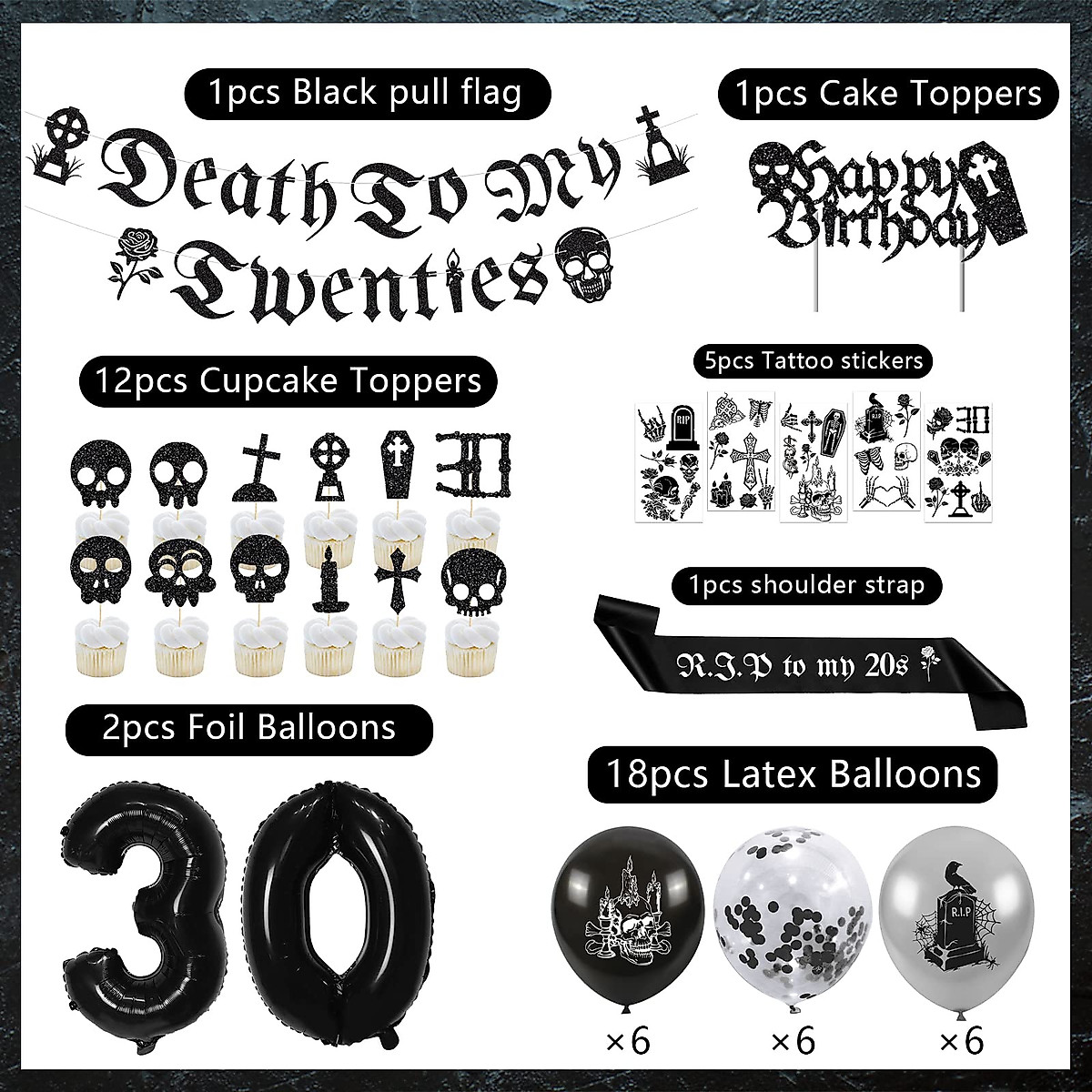 Refavor Death to My 20s Decorations - Black Funeral Party Balloons Banner Supplies 30th Rip My 20s Birthday Decorations Women Men Twenties Sash Youth Funny Bday Party Coffin Decor for Him Her