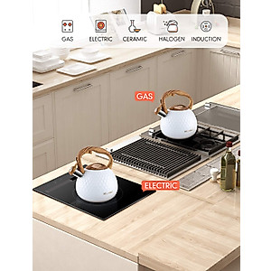 Tea Kettle, 2.7 Quart / 3 Liter BELANKO Stainless Steel Tea Kettles for Stove Top, Food Grade Teapot with Wood Pattern Handle Loud Whistling for Coffee, Milk etc, Gas Electric Applicable - Gloss White