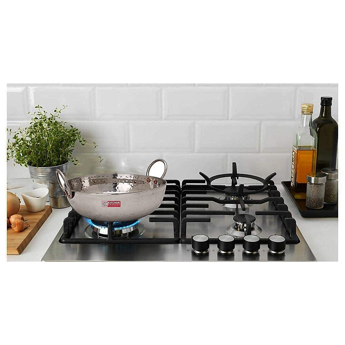 Kitchen Expert Stainless Steel Hammered Kadhai/Paella Pan For Cooking And Serving, 8 inch, 1 litre capacity (With Handles)