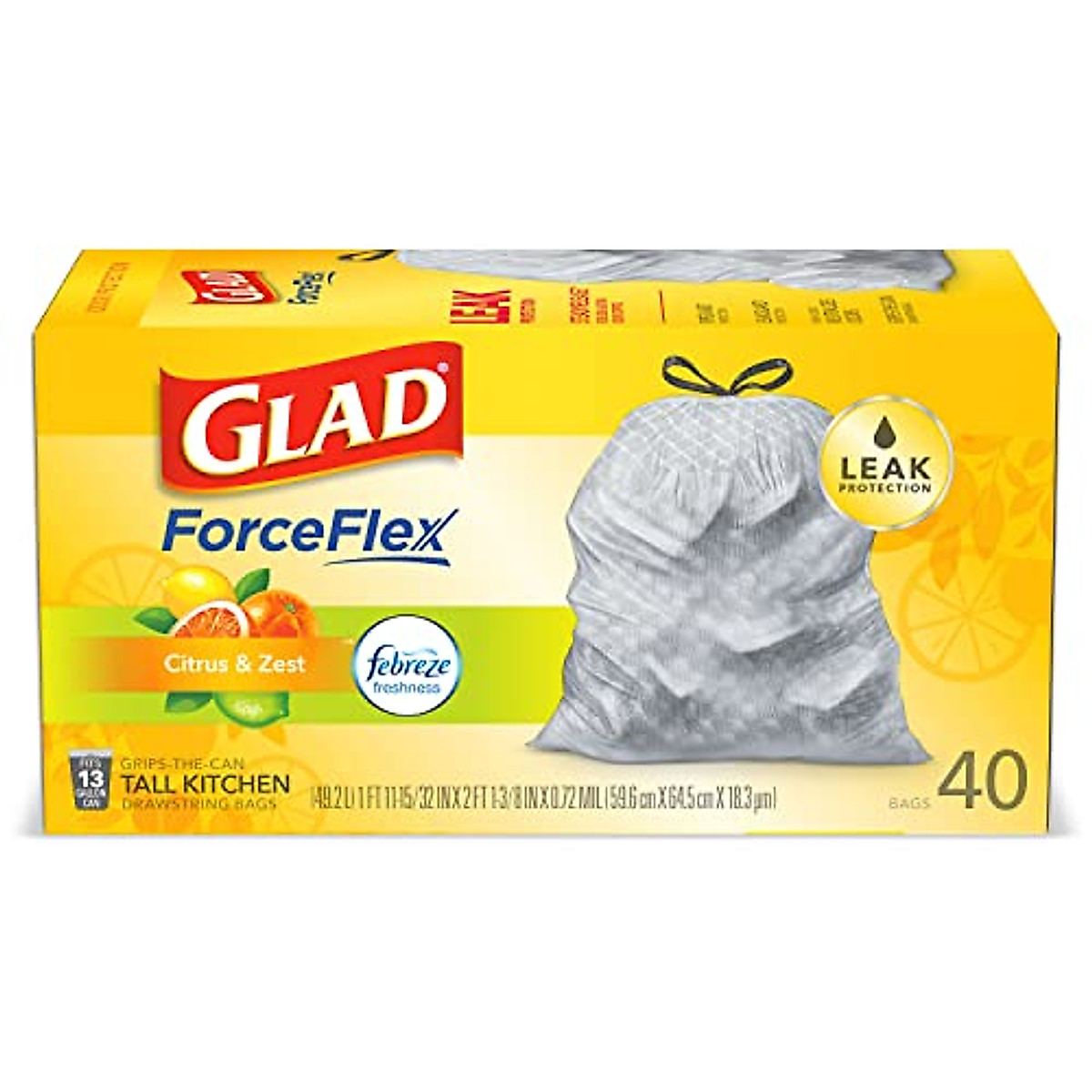 GLAD ForceFlex Tall Drawstring Trash Bags, 13 Gallon Grey Trash Bags for Tall Kitchen Trash Can, Citrus & Zest with Febreze Freshness to Eliminate Odors, 40 Count - Packaging May Vary