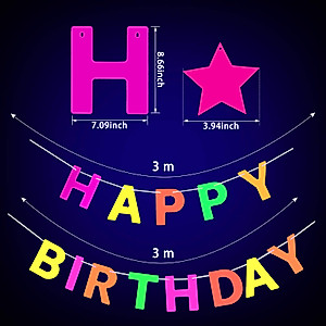 Glow Party Supplies Neon Party Supplies Set Glow in the Dark Happy Birthday Banner with UV Black Light Reactive Cake Topper Swirls Neon Fluorescent Latex Balloons Neon Stars for Birthday Glow Party
