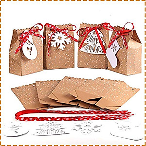OurWarm 24pcs Christmas Gift Bags Assortment Kraft Paper Favor Bags with Holiday Gift Tags for Christmas Party Supplies, 5 x 3 x 7 Inch Christmas Goodies Bags
