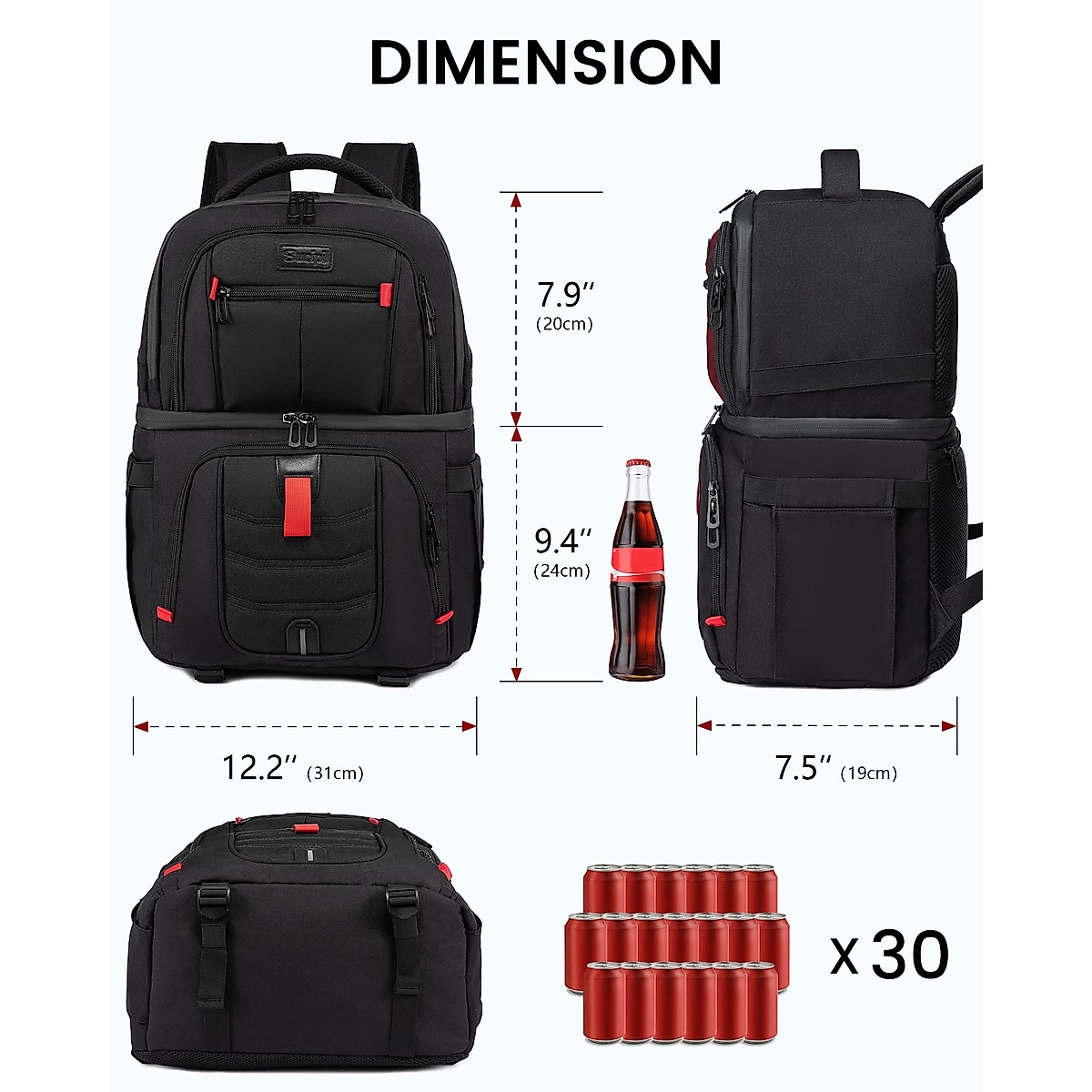 Sucipi Cooler Backpack 54 Cans, Leak-Proof Insulated Backpack with 4 Ice Packs, Double Deck Cooler Bag Up to 12 Hours,Soft Lightweight Lunch Backpack for Men Women to Work Beach Camping Picnic (Black)