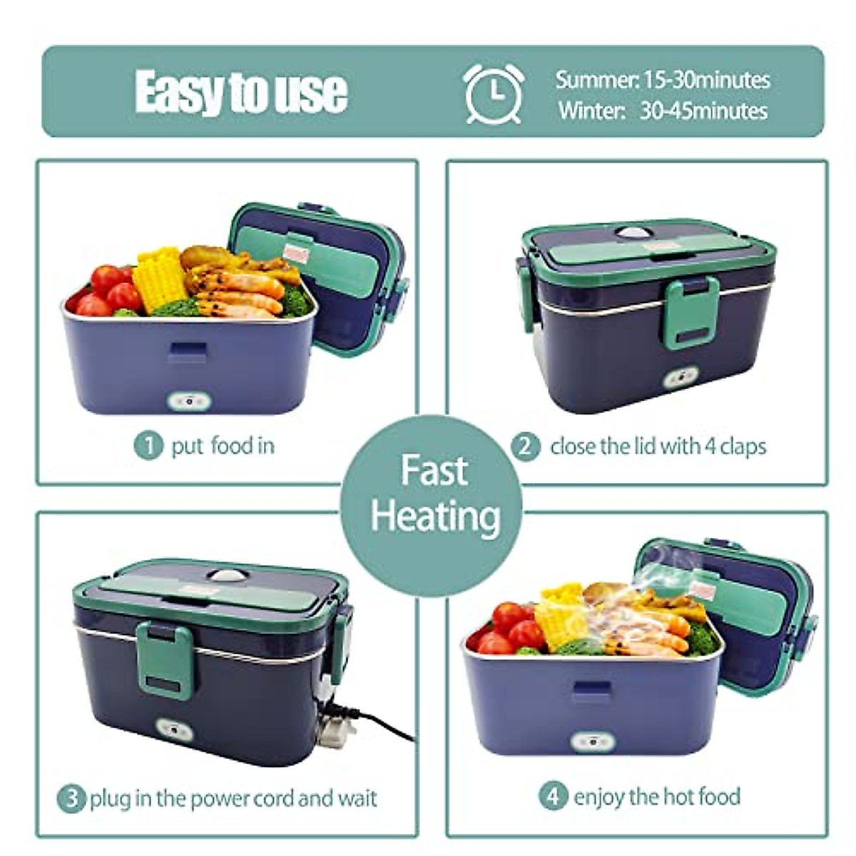 santado Electric Lunch Box Food Heater, [2023 Upgrade] 3 in 1 heated lunch boxes for adults, 1.8L and SS304 Container Heater Lunch Box, Portable Lunch Box Warmer for Car/Truck/Home(Blue+green)