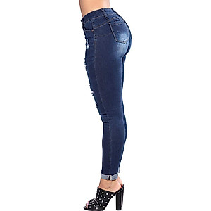 Women's High Waisted Stretch Ripped Skinny Jeans Juniors Destroyed Butt Lifting Denim Pants (Blue, US 10)