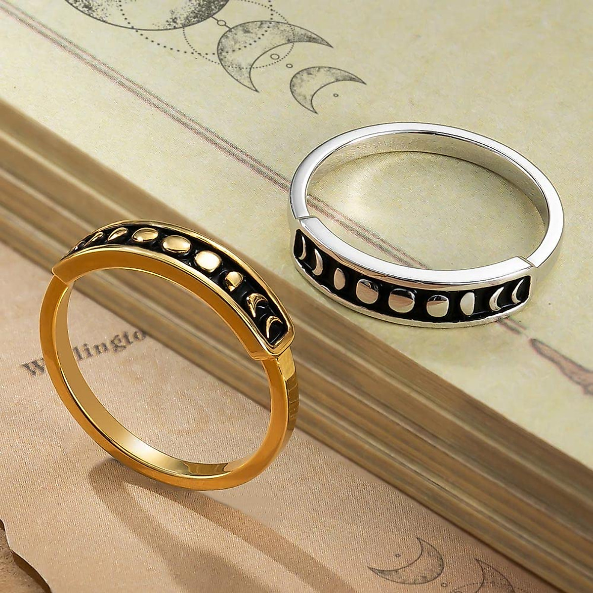 Ugaarsan Moon Phase Silver Ring Vintage Stacking Finger Ring Dainty Statement Jewelry Luna Ring-SS-7