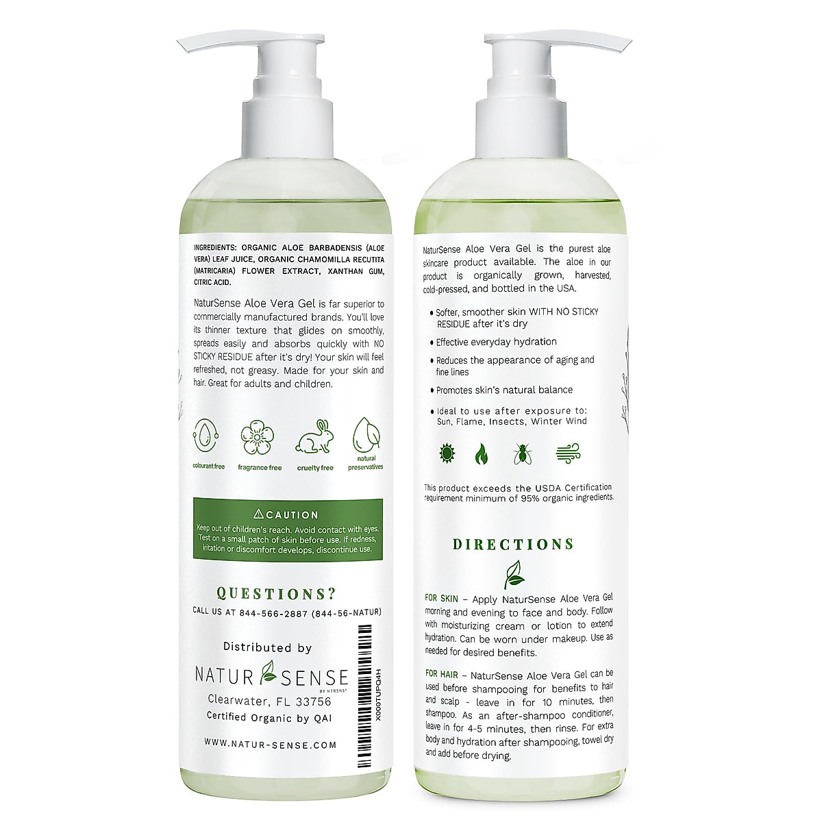NTRSNS NaturSense Organic Aloe Vera Gel from 100% Pure Aloe. Great for Hair, Scalp, Face, Dry Skin, Acne, Winter Skin, Sunburn, Sensitive Skin. Unscented, USDA Certified, 12 oz.