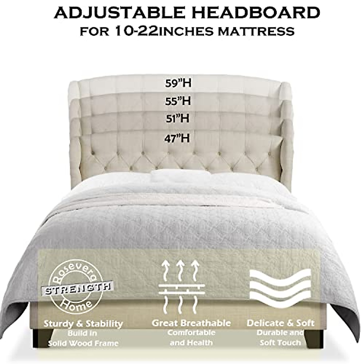 Rosevera Benicia Bed Frame,Platform Bed Frame with Signature Design Adjustable Headboard,Fabric Upholstered with Button Tufted Bed for Bedroom,Wood Slat Support,Eesy Assembly,Queen,Natural