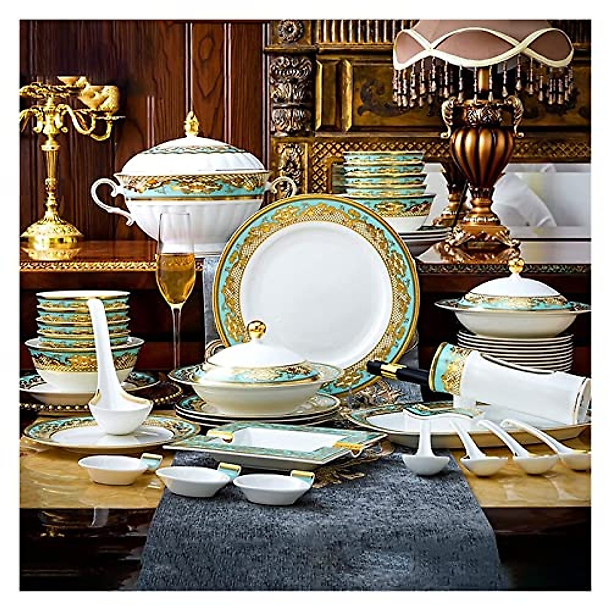 Porcelain Plate and Bowl Set,Dinnerware Set for Home or Special Restaurant, Ceramics Dinner Set, 59 Pieces High-Grade Phnom Penh Porcelain Dinnerware Sets | Soup Pot/Plate/Bowl - Bone China Combinati