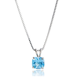 MAX + STONE 925 Sterling Silver 6mm Cushion Cut December Birthstone Swiss Blue Topaz Solitaire Pendant Necklace for Women with 18 inch Box Chain