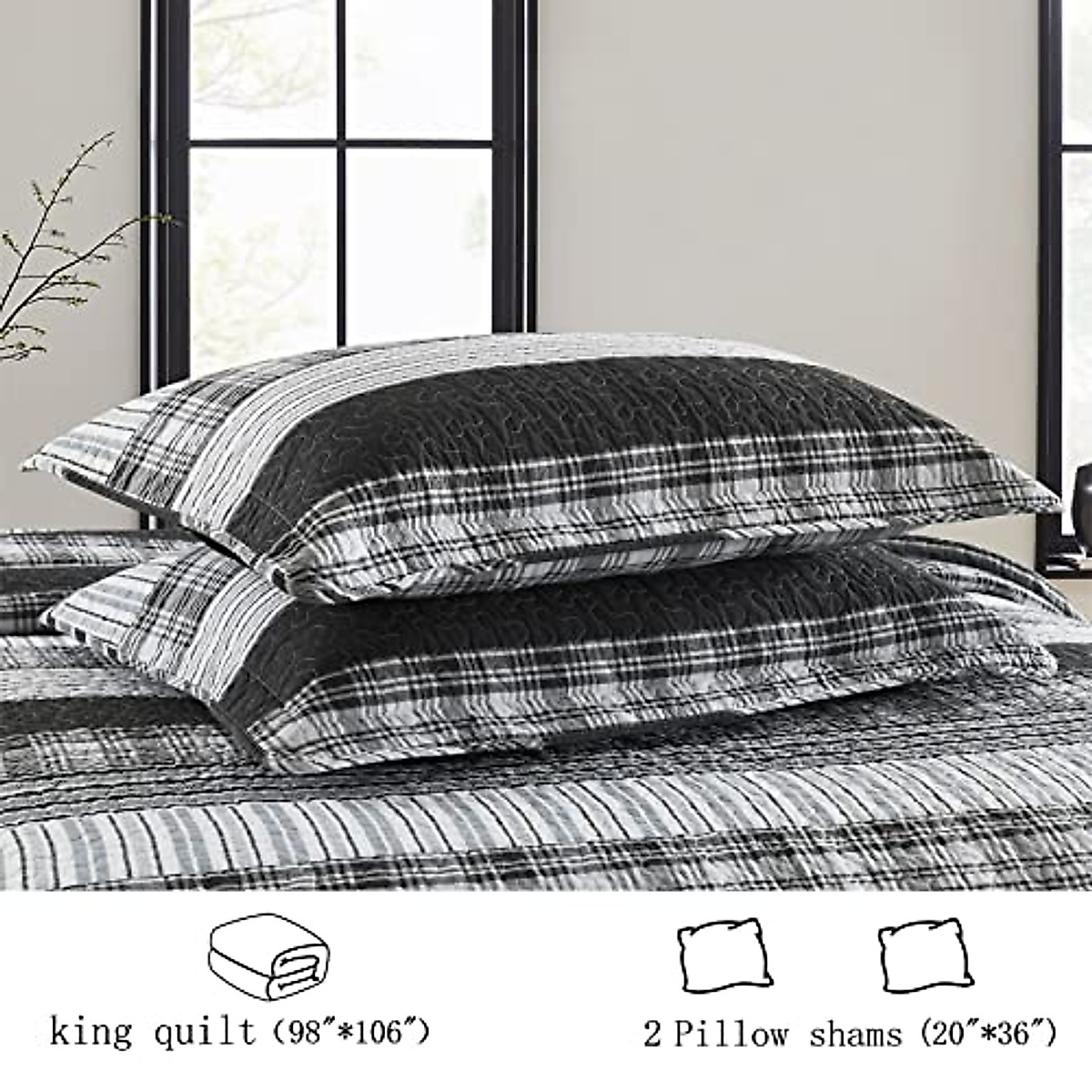 YUMIYUSHI Quilt King Size - Cotton King Quilt Set,White Black Gray Striped Plaid King Quilt Bedding Set,Farmhouse Patchwork Bedspreads,Lightweight Reversible Comforter for All Season,3-Piece