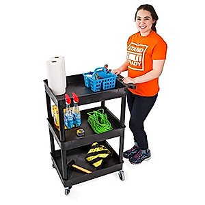 Tubstr Compact 3 Shelf Utility Cart | Heavy Duty Service Cart Supports up to 300 lbs! | Tub Cart with Deep Shelves | Great for Warehouse, Garage, Cleaning & More (3 Shelf/Black / 24 x 18)