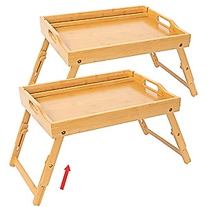 Greenual 2 Pack Bed Tray Table with Handles Folding Legs, Bamboo Breakfast Food Tray with Media Slot, Use As Platter, Laptop Desk, Snack, TV Tray Kitchen Serving Tray