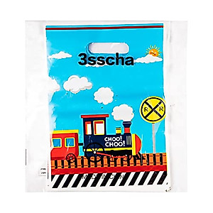 3sscha 50Pcs Train Party Favor Bag Transportation Themed Waterproof Goodie Bag with Die Cut Handles Railway Traffic Glossy Plastic Candy Gift Bags for Kids Birthday Baby Shower Decoration Supplies