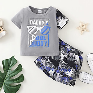 SEVEN YOUNG Toddler Baby Boy Summer Clothes Daddy's Cool Buddy Short Sleeve T-shirt Dinosaur Camouflage Shorts Boys 2pcs Outfit (Grey, 18-24 Months)