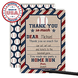 Rookie of the Year Baseball Birthday Thank You Notes, Ten 4" x 5.5" Fill In The Blank Cards with 10 White Envelopes by AmandaCreation