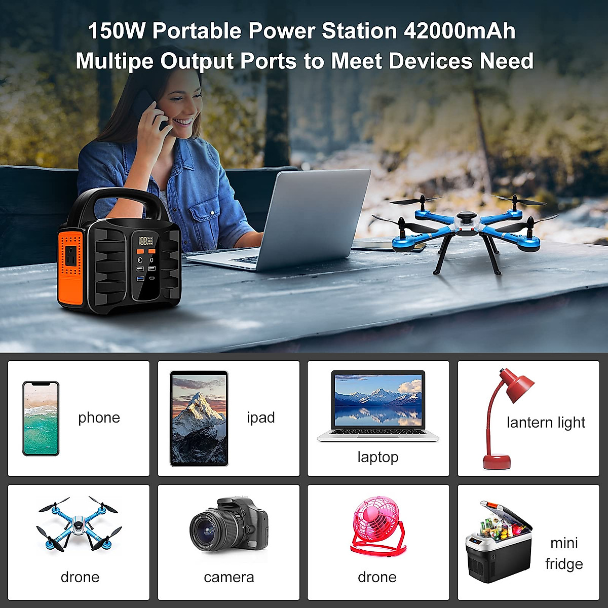 SBAOH Portable Power Station Generator, 42000mAh 110V/150W(Peak 200W) AC Outlet Camping Solar Generators Lithium Battery Bank Power Supply for Outdoor Travel Hunting Home Emergency Backup (42000mAh)